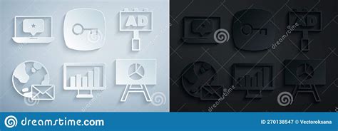 Set Monitor With Graph Chart Advertising Earth Globe Mail Board Key And Laptop Star Icon