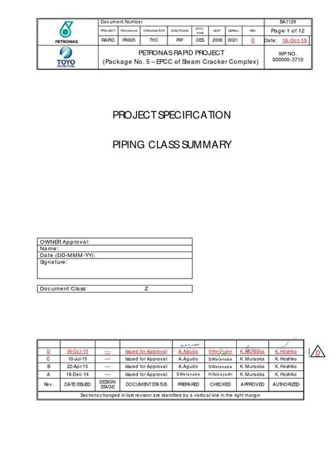 Project Specification Piping Class Summary Pdf Pipe Fluid