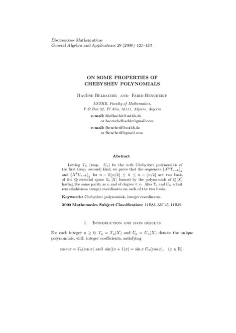Pdf On Some Properties Of Chebyshev Polynomials