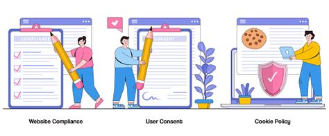 웹 사이트 규정 준수 사용자 동의 캐릭터가 있는 쿠키 정책 개념 디지털 개인 정보 보호 추상 벡터 일러스트레이션 세트입니다 데이터 추적 쿠키 규정 준수 은유 개념에 대한