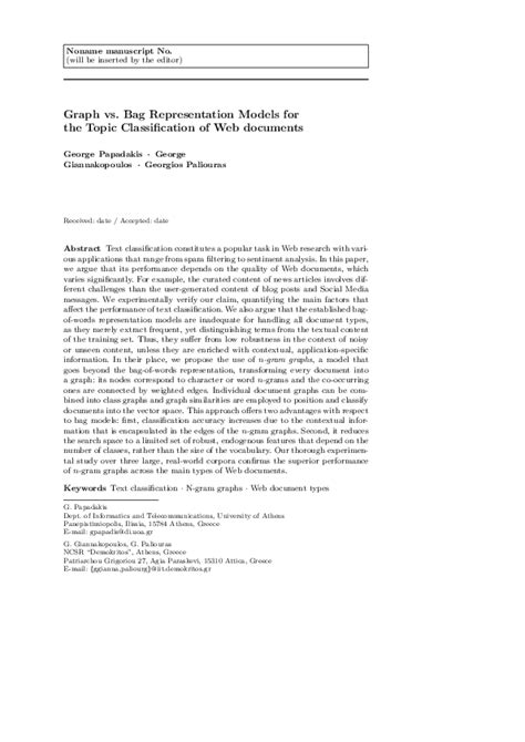 Pdf Graph Vs Bag Representation Models For The Topic Classification Of Web Documents