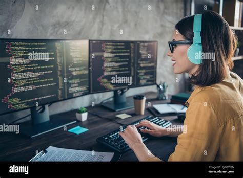 Profile Side View Portrait Of Attractive Cheery Focused Girl Editing