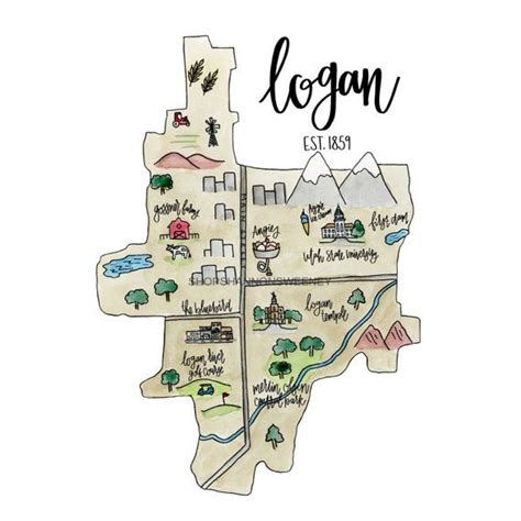 Logan Utah Watercolor Illustrated Map Free Shipping Logan Utah