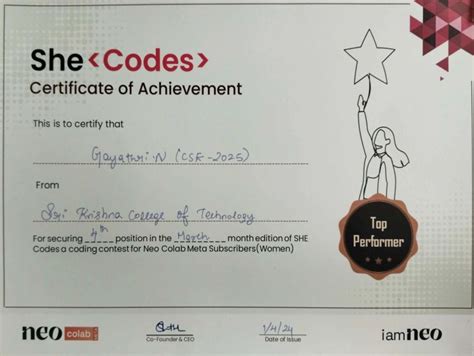 Shecode Iamneo Hackathon Achievement Gayathri N
