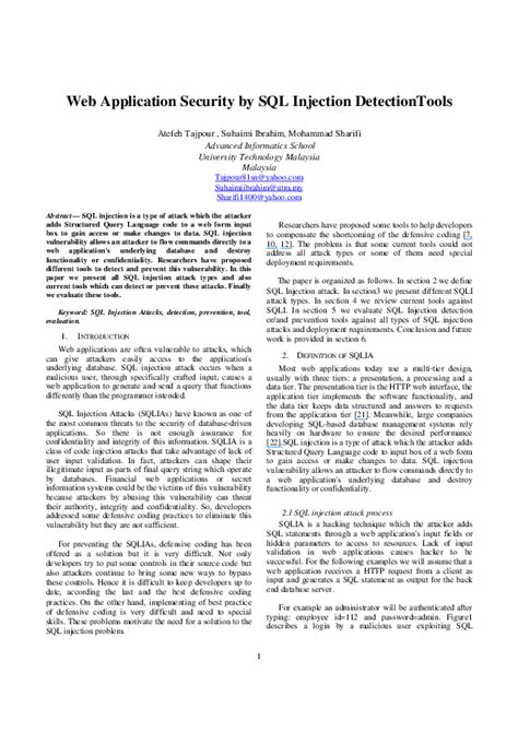 Pdf Web Application Security By Sql Injection Detectiontools