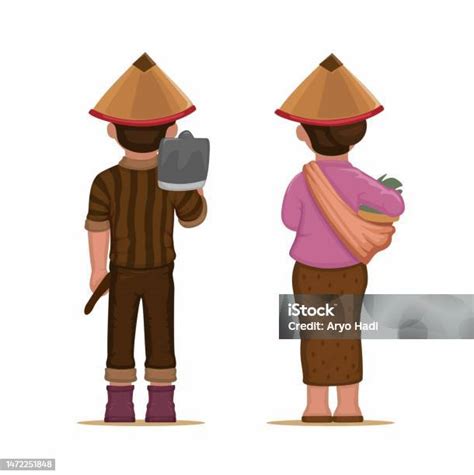 아시아 농부 노동자 커플 뒷모습 캐릭터 세트 만화 일러스트 벡터 등장인물에 대한 스톡 벡터 아트 및 기타 이미지 등장인물