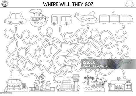 공기 물 육상 운송이 가능한 아이들을 위한 교통 흑백 미로 유치원 인쇄 가능한 활동을 라인하십시오 미로 게임 자동차 기차 기차 비행기가 있는 색칠 공부 페이지 버스가 마지막