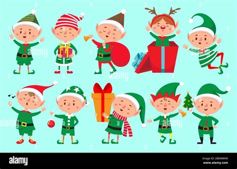 Christmas Elf Character Santa Claus Helpers Cartoon Cute Dwarf Elves Fun Characters Vector
