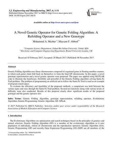 Pdf A Novel Genetic Operator For Genetic Folding Algorithm A Refolding Operator And A New