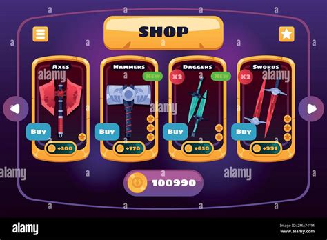 Game Weapon Shop Fantasy Rpg Store Menu Panel With Medieval Sword Axe Dagger Equipment And