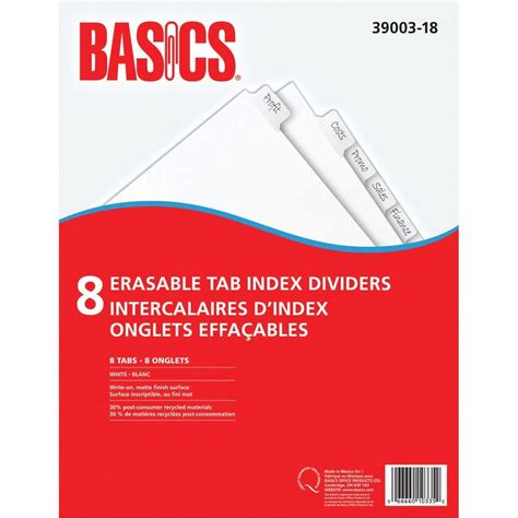 Basics® Erasable Tab Index Dividers White 8 Tabs Corbett Office Plus