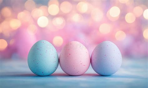 Colorful Pastel Easter Eggs With Speckled Patterns Against A Blurred Bokeh Background Stock