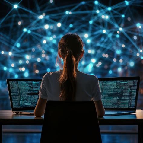 Professional Woman Coding At Night With Glowing Data Network In Background Stock Photo