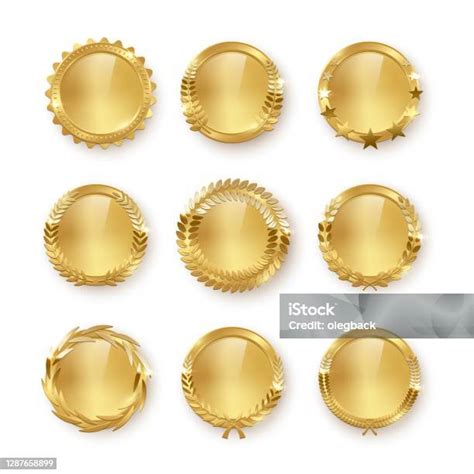 골든 블랭크 메달 3d 사실적인 일러스트를 수상 월계수 잎과 함께 1 위 메달 인증 품질 빈 빈 배지 엠블럼 세트 1위에 대한 스톡 벡터 아트 및 기타 이미지 Istock