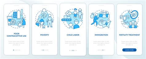 Causes Of Overpopulation Blue Onboarding Mobile App Screen Reasons Walkthrough 5 Steps Editable