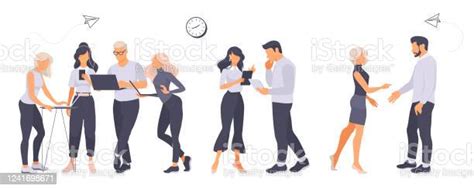 사람들은 팀에서 일합니다 비즈니스 워크플로 관리 및 사무실 상황 방문 페이지 템플릿입니다 격리 된 흰색 배경입니다 현대적인 플랫 스타일의 3d 등각 투영 그림 세트입니다