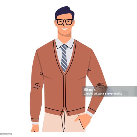 넥타이와 안경을 쓴 청년이 하얀 배경에 고립되어 있었다 사업가 관리자 교사 평면 스타일의 사무원 남성 캐릭터는 한 손을 주머니에