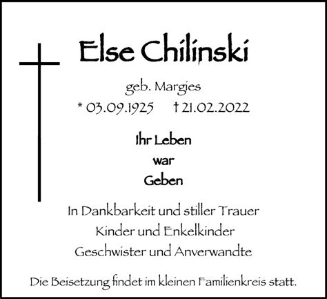 Traueranzeigen Von Else Chilinski Trauer In Nrw De