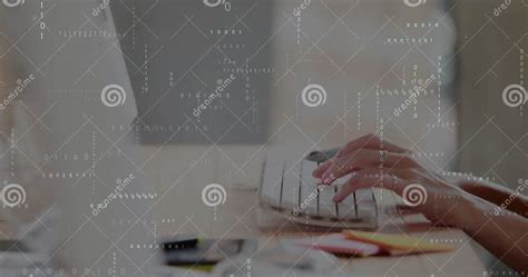 Image Of Looping Binary Codes Over Cropped Hands Of Caucasian Woman Typing On Keyboard Stock