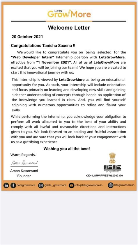 Tanisha Saxena On Linkedin ᴄᴏɴɴᴇᴄᴛɪᴏɴꜱ Webdeveloper Internship Intern Letsgrowmore