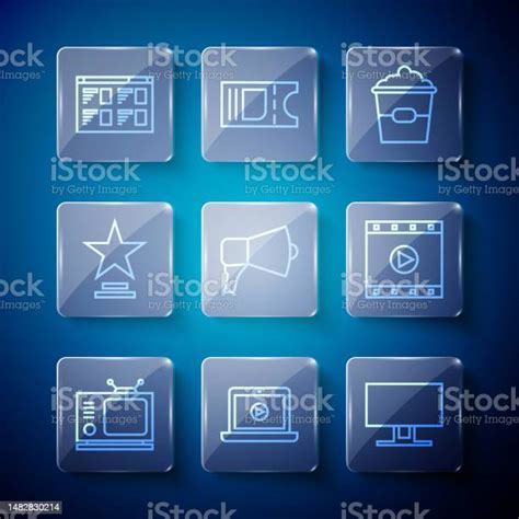 라인 레트로 Tv 온라인 플레이 비디오 스마트 Tv 팝콘 박스 메가폰 영화 트로피 및 비디오 재생 아이콘을 설정합니다 벡터 0명에 대한 스톡 벡터 아트 및 기타 이미지