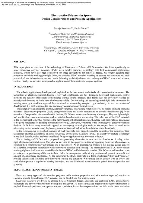 Pdf Electroactive Polymers In Space Design Considerations And Possible Applications