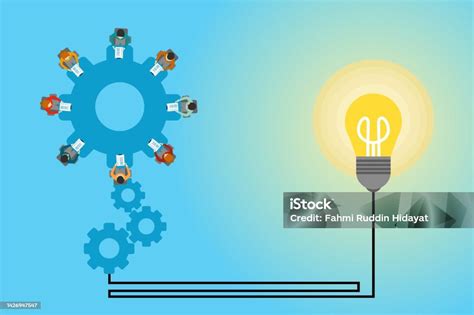 벡터 일러스트 레이 션 비즈니스의 팀 작업 개념 작은 사람 메커니즘 링크 아이디어 기호로 전구를 생산하는 기어 비즈니스 메커니즘 팀워크에 관련된 사람들 개념에 대한 스톡