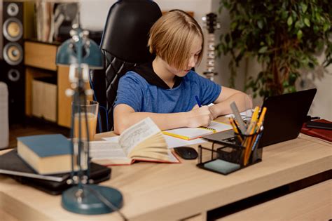 소년 부지런한 야심 찬 학생은 책상에 앉아 숙제를하고 노트북에 메모를하고 교과서를 열고 책 노트북에서 수업을 전사합니다 개념에 대한 스톡 사진 및 기타 이미지 Istock