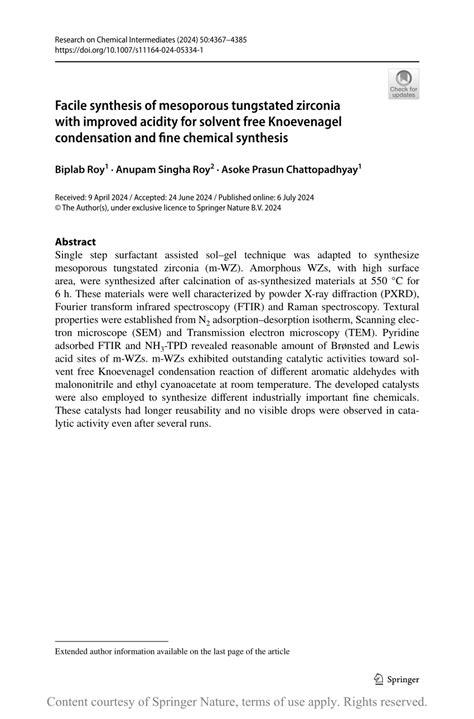 Facile Synthesis Of Mesoporous Tungstated Zirconia With Improved Acidity For Solvent Free