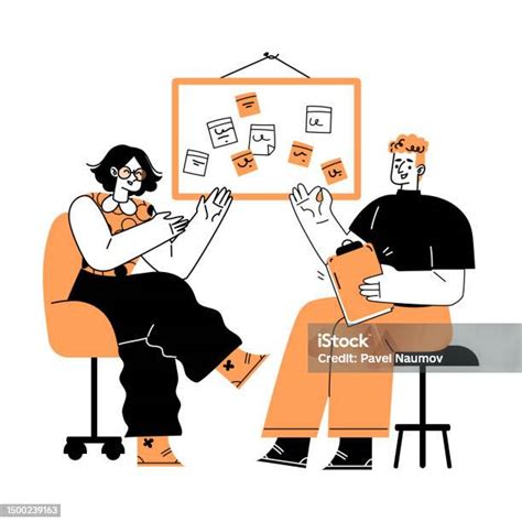 남자와 여자 캐릭터가 의자에 앉아 작업 벡터 일러스트레이션에 대해 토론하는 마케팅 개념에 대한 스톡 벡터 아트 및 기타 이미지
