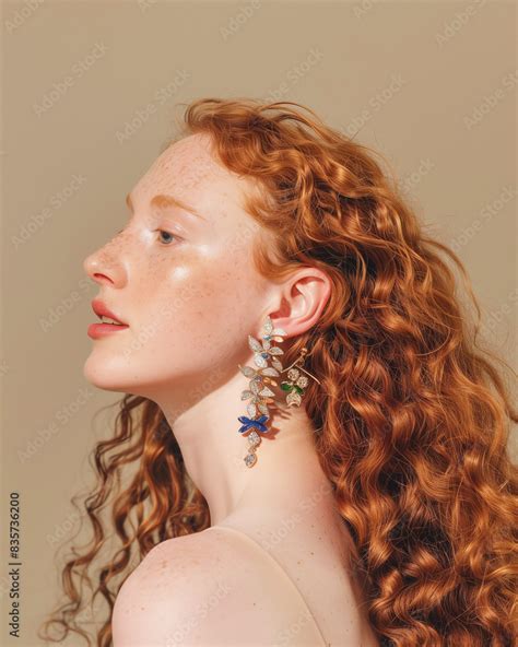 주얼리 룩북 긴 빨간 머리 곱슬 머리를 가진 측면 프로필 백인 모델 어깨는 편안하고 귀는 눈길을 끄는 다이아몬드 귀걸이