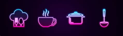 포크와 숟가락 커피 컵 요리 냄비 및 주방 국자가 있는 셰프 모자를 설정합니다 빛나는 네온 아이콘입니다 벡터 금속에 대한 스톡 벡터 아트 및 기타 이미지 Istock