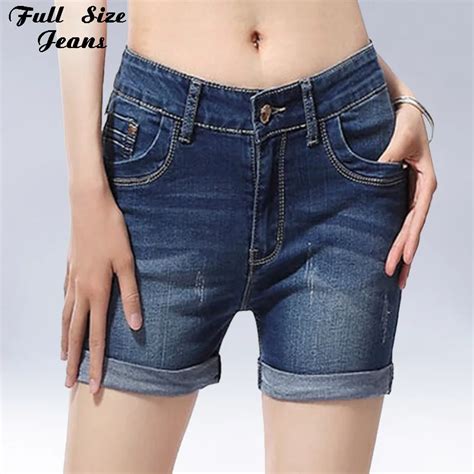 2017 Summer Plus Size Cuffed Jean Shorts Oversized Stretch Denim Blue Shorts Casual Fit Short