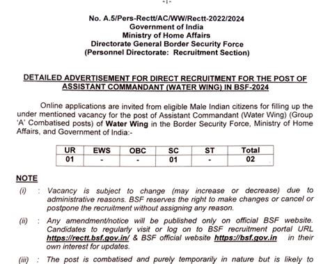 Bsf Water Wing Assistant Commandant Recruitment 2024 Apply Online For 2