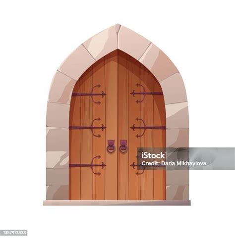 금속 둥근 손잡이와 돌 줄 지어 골동품 중세 나무 문 2d 게임에 대한 만화 벡터 그림 고딕 양식의 입구 성 교회 또는 집의 문 0명에 대한 스톡 벡터 아트 및 기타 이미지