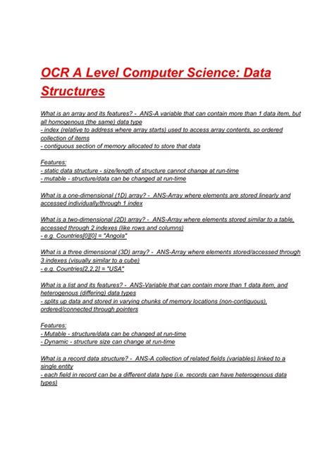 Ocr A Level Computer Science Data Structures Exam Questions And