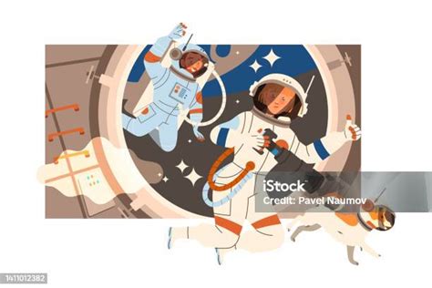 우주 왕복선에서 날아 다니는 우주복의 우주 공간에서 남자와 여자 우주 비행사 캐릭터 벡터 일러스트 레이 션 우주 비행사에 대한 스톡 벡터 아트 및 기타 이미지 Istock