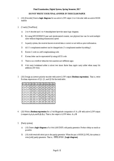 Final Exam 2017 Jkl Final Examination Digital System Spring