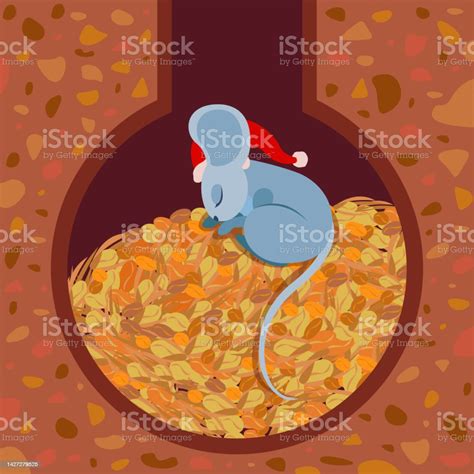 새해 모자를 쓴 작은 마우스가 곡물 주식의 구멍에서 자고 있습니다 갈색에 대한 스톡 벡터 아트 및 기타 이미지 갈색 구멍 귀여운 Istock