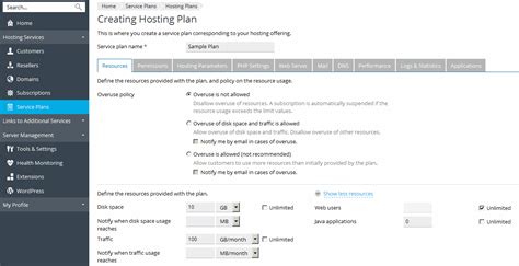 Setting Up Hosting Plans Plesk Onyx Documentation