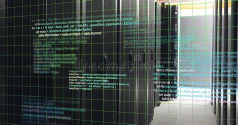 Image Of Grid Pattern Over Computer Language Against Server Room In