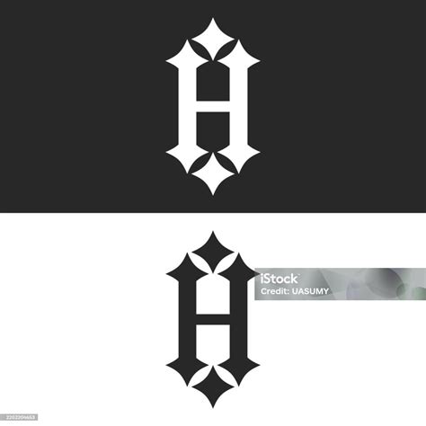 이니셜 H 글자 고딕 모노그램 로고 세트 날카로운 모서리 대담한 세리프체 아이덴티티 디자인을 위한 흑백 타이포그래피 요소 0명에 대한 스톡 벡터 아트 및 기타 이미지