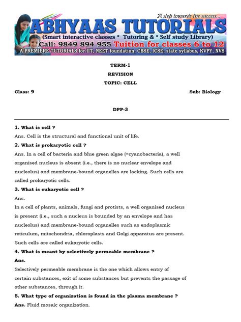 Cell Test 9 Class Pdf