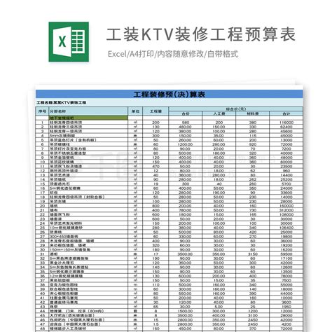 KTVExcel模板 工装KTV装修工程预决算表Excel模板 模板免费下载 xlsx格式 2100像素 编号44397791 千图网