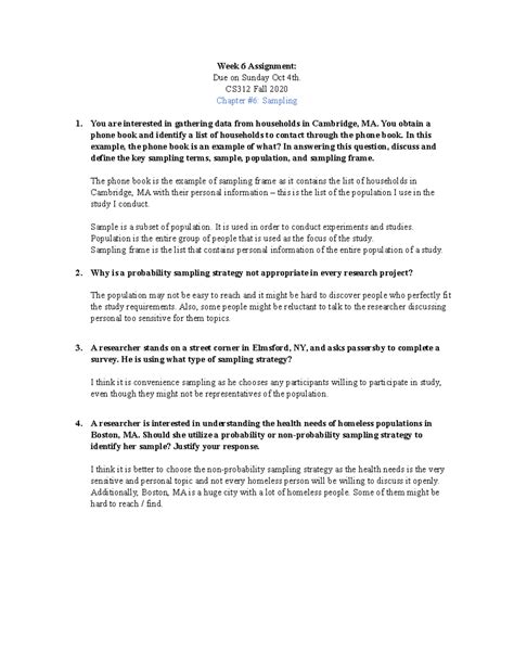 Assignment 6 Chapter 6 Sampling Week 6 Assignment Due On Sunday Oct 4th Cs312 Fall 2020