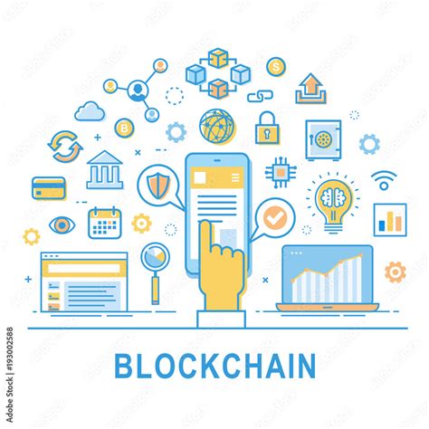 Blockchain Technology Line Vector Illustration On White Background With