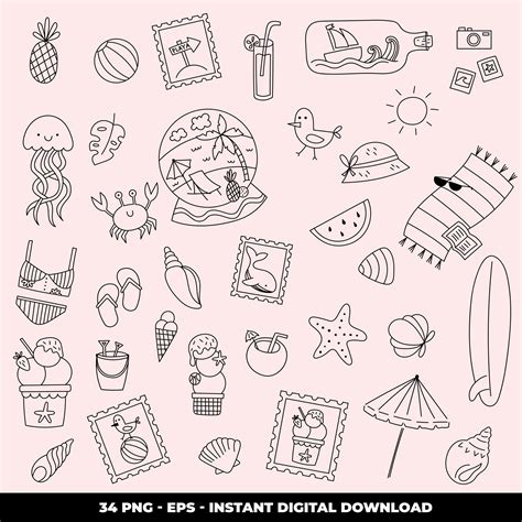 Cod781 Summer Doodles Bundle Sea Clipart Beach Png Summer Vibes C
