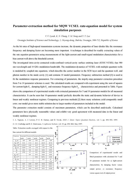 Pdf Parameter Extraction Method For Mqw Vcsel Rate Equation Model For System Simulation Purposes