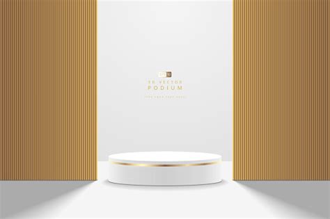 호화스러운 백색 3d 실린더 연단 현실적 또는 제품 전시 발표 및 금 수직 모양 벽을 위한 받침대 단계 모형을 위한 최소한의 장면 쇼 제일 제품을 위한 3d 단계 0명에