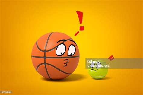 노란색 배경에 그려진 만화 얼굴농구공과 테니스공의 3d 렌더링 3차원 형태에 대한 스톡 사진 및 기타 이미지 3차원 형태